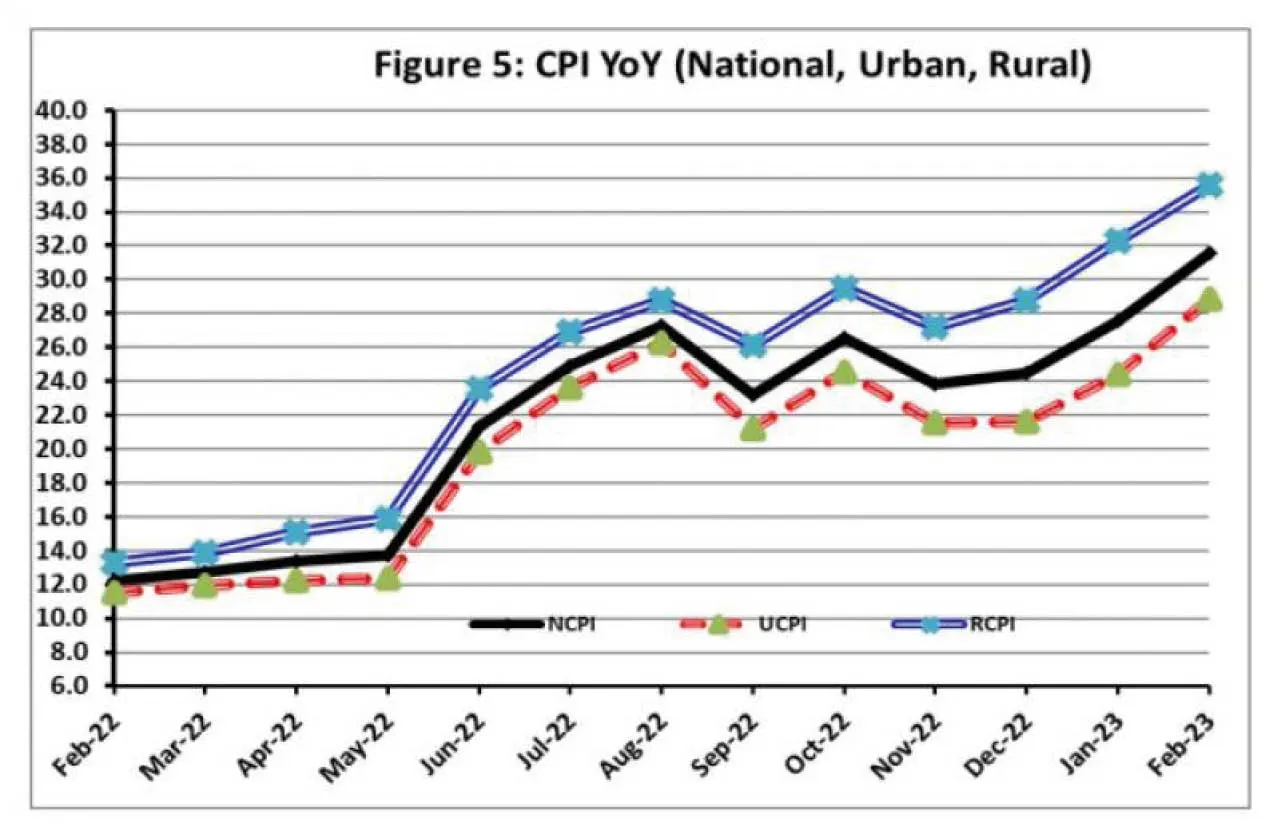 Historic increase in inflation of 31.5% in Feb 2023 against last year ...