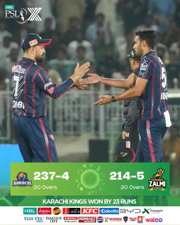 Karachi Kings secure PSL 10 playoff berth with 23-Run victory against Peshawar Zalmi - Pakistan ...
