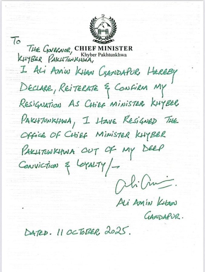 KP Ali Amin Gandapur’s Handwritten Resignation Goes Viral Online - Pakistan Observer