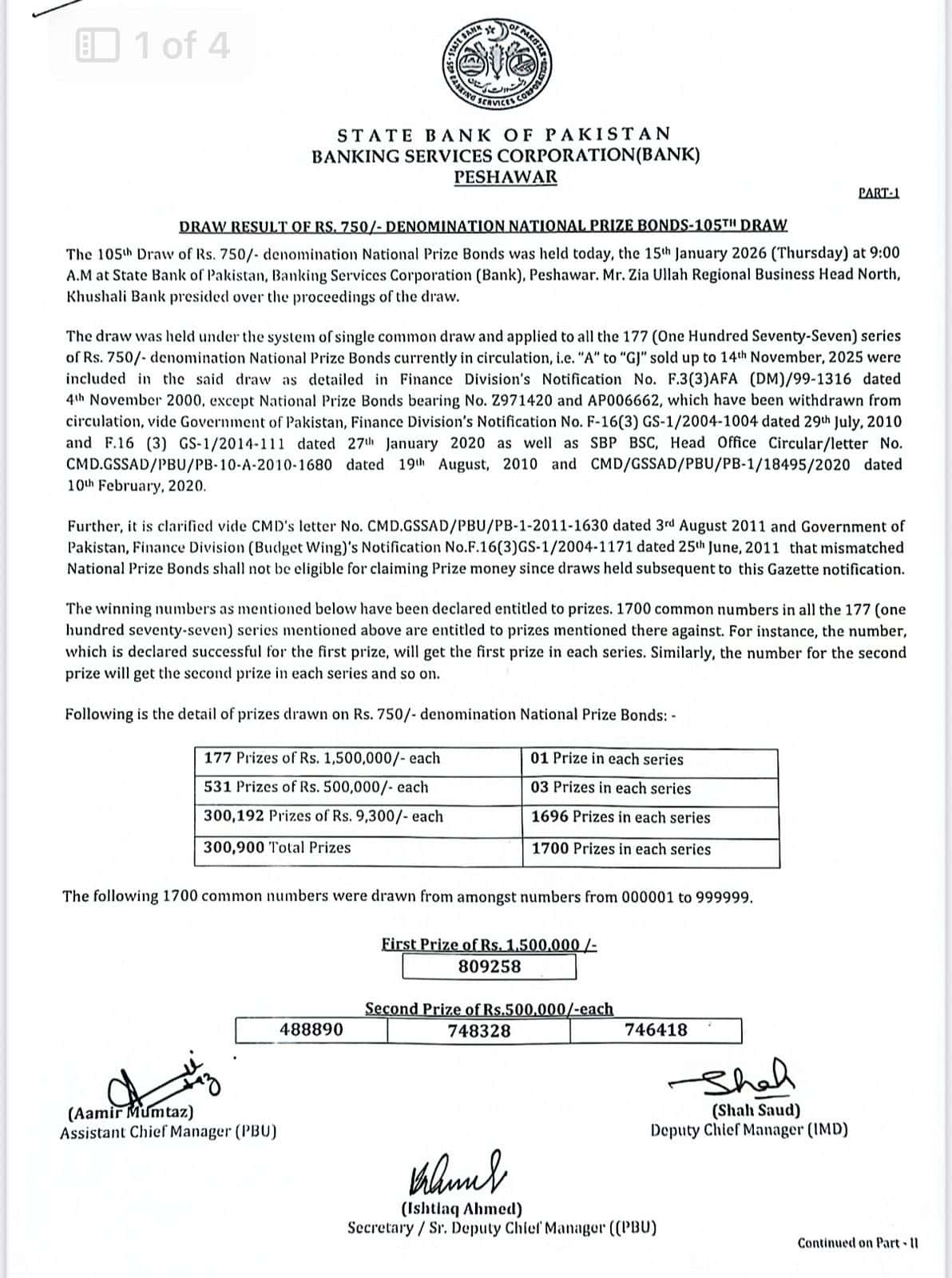 750 Prize Bond DRAW#105 – 15 January 2026 Full Winners List - Pakistan ...